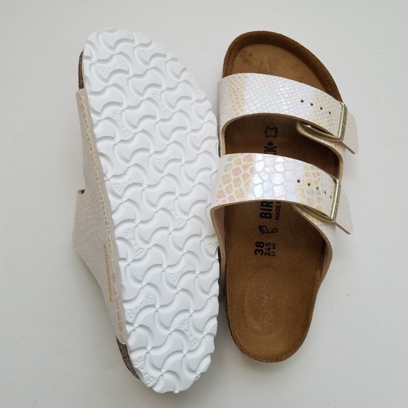 Birkenstock | Shoes | Birkenstock Arizona Shiny Snake Cream Sandals ...